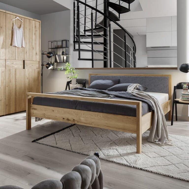 Carpenter bed frame in solid FSC oak and wool dark gray